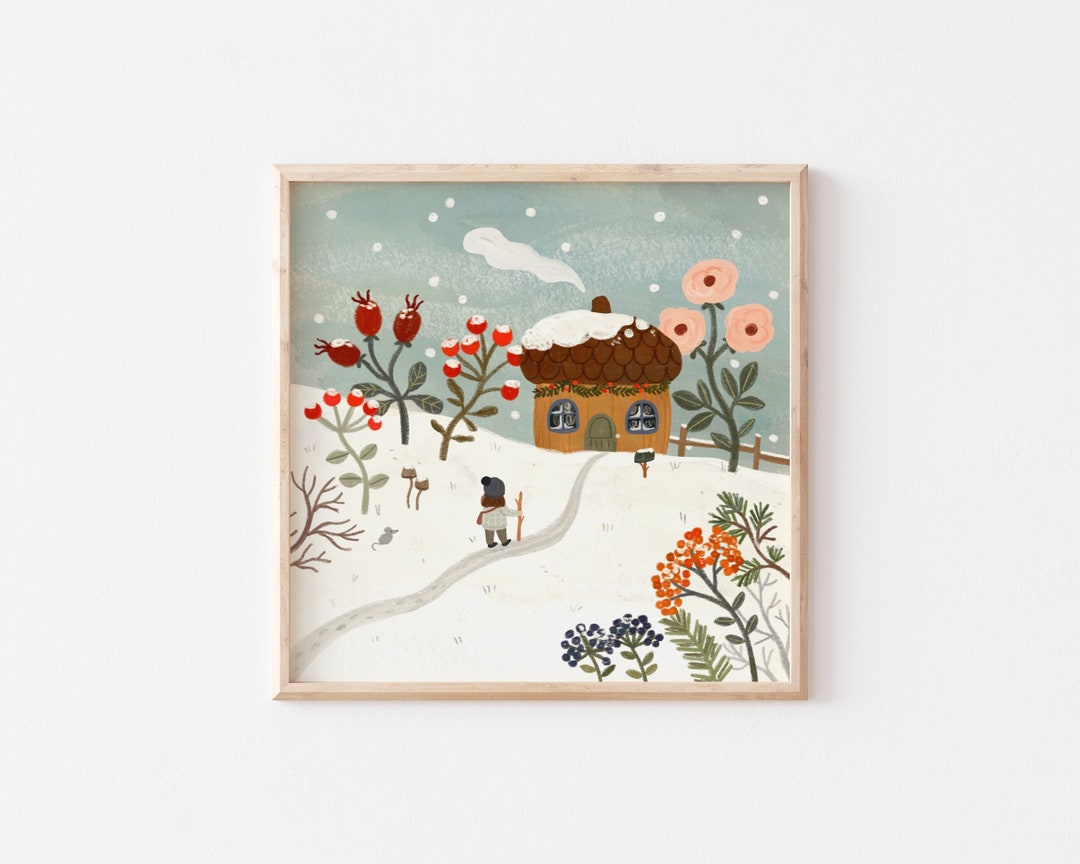 Art Print - Snowy Acorn House | Cottagecore Winter Illustration, Square ...
