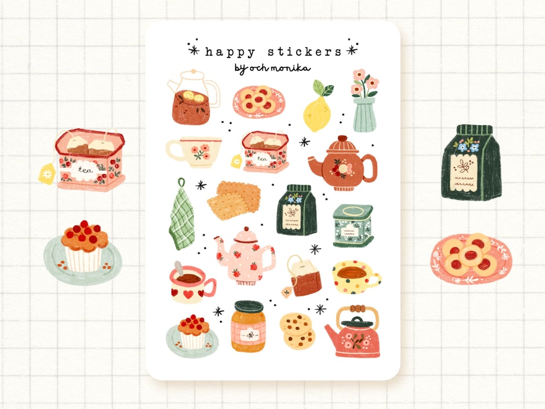 Tea Time Stickers Sticker Sheet, Tea Stickers, Scrapbook Stickers, Cute ...