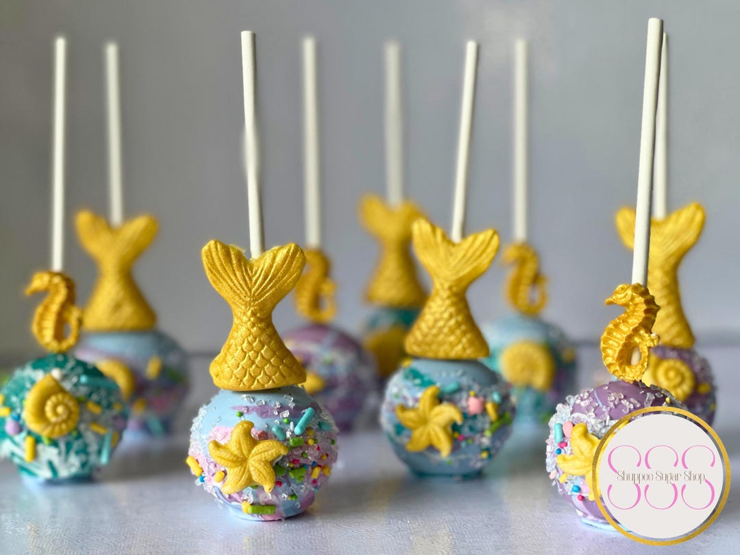 Custom Mermaid Cake Pops – Gold Baby Seahorse & Mermaid Tail, Girls ...