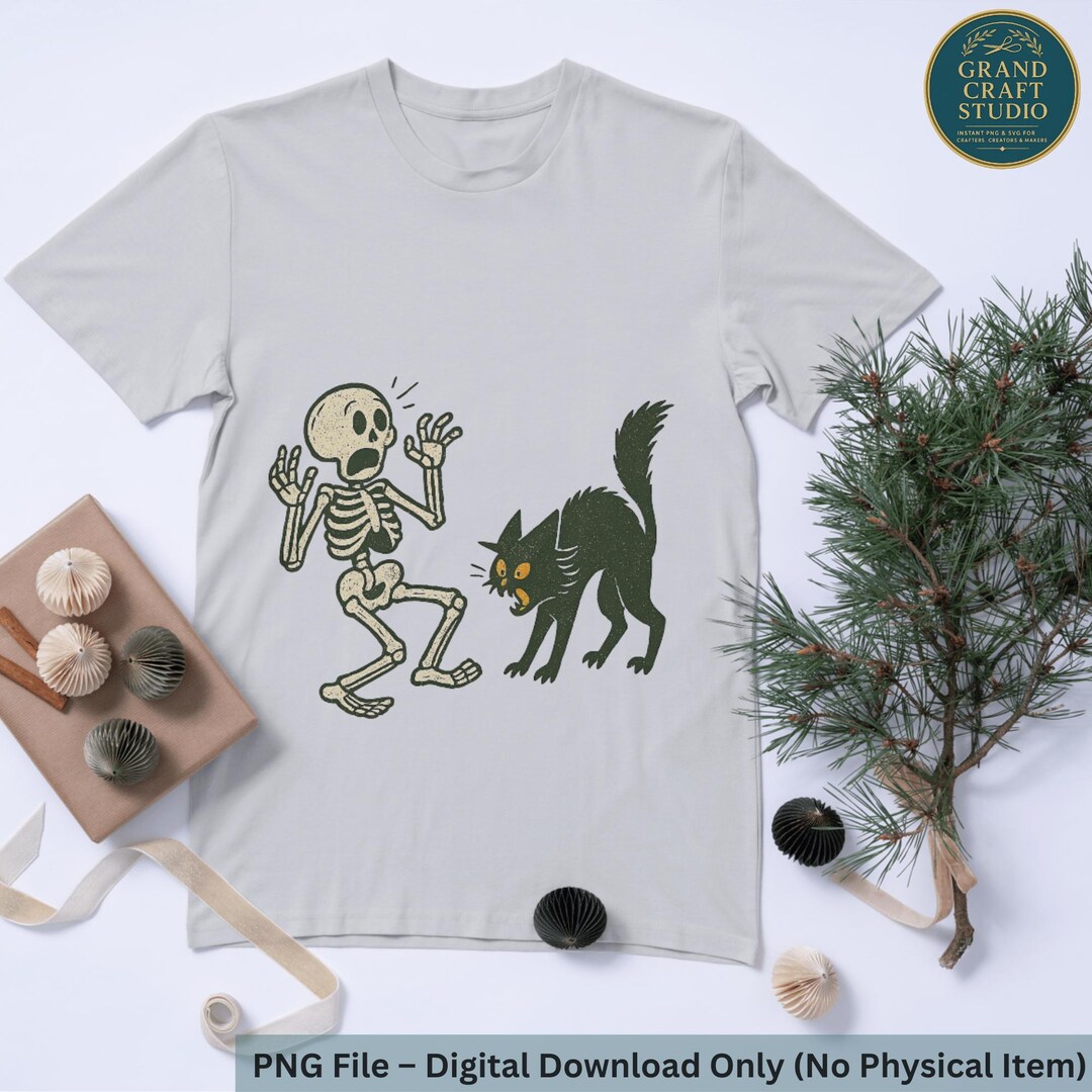 Shocked Skeleton & Black Cat PNG: Funny Halloween Clipart (digital ...