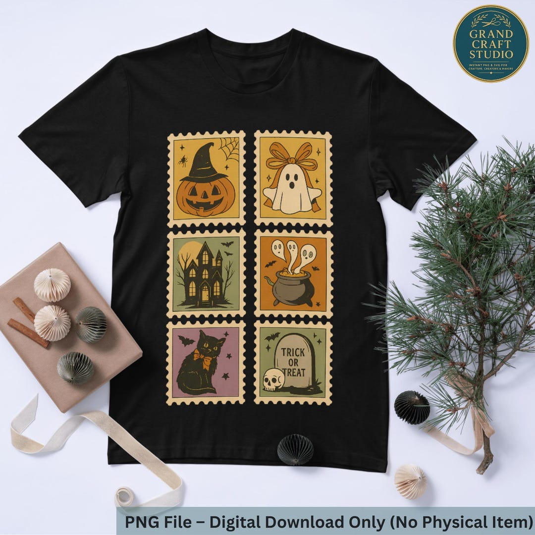 Vintage Halloween Clipart: Spooky Ghost, Cat, Pumpkin (PNG Digital ...