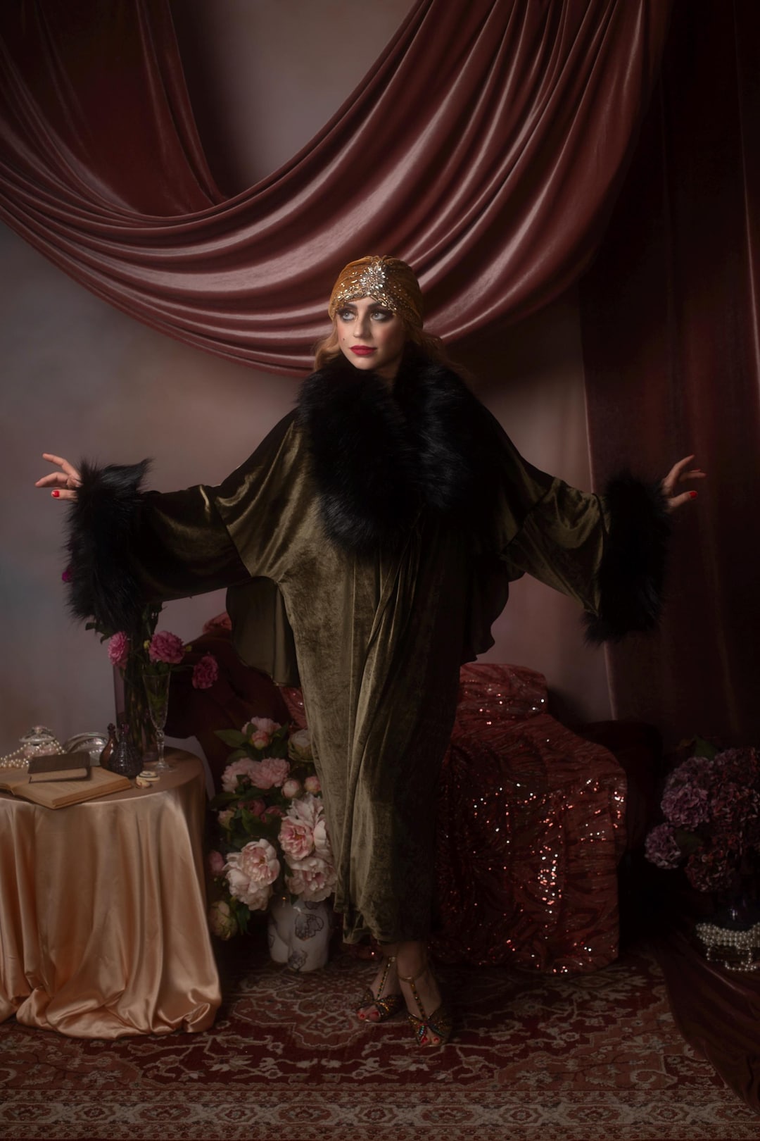 Elegant Opera Gown Antique Green 1920s Velvet With Faux Fur Hollywood ...