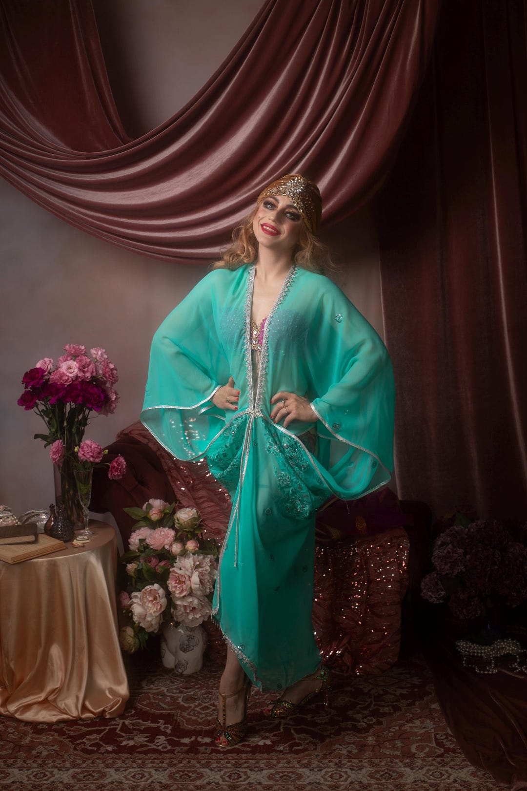 Romantic Cyan Gown With Flower Motif Art Nouveau Vintage-style L/XL ...