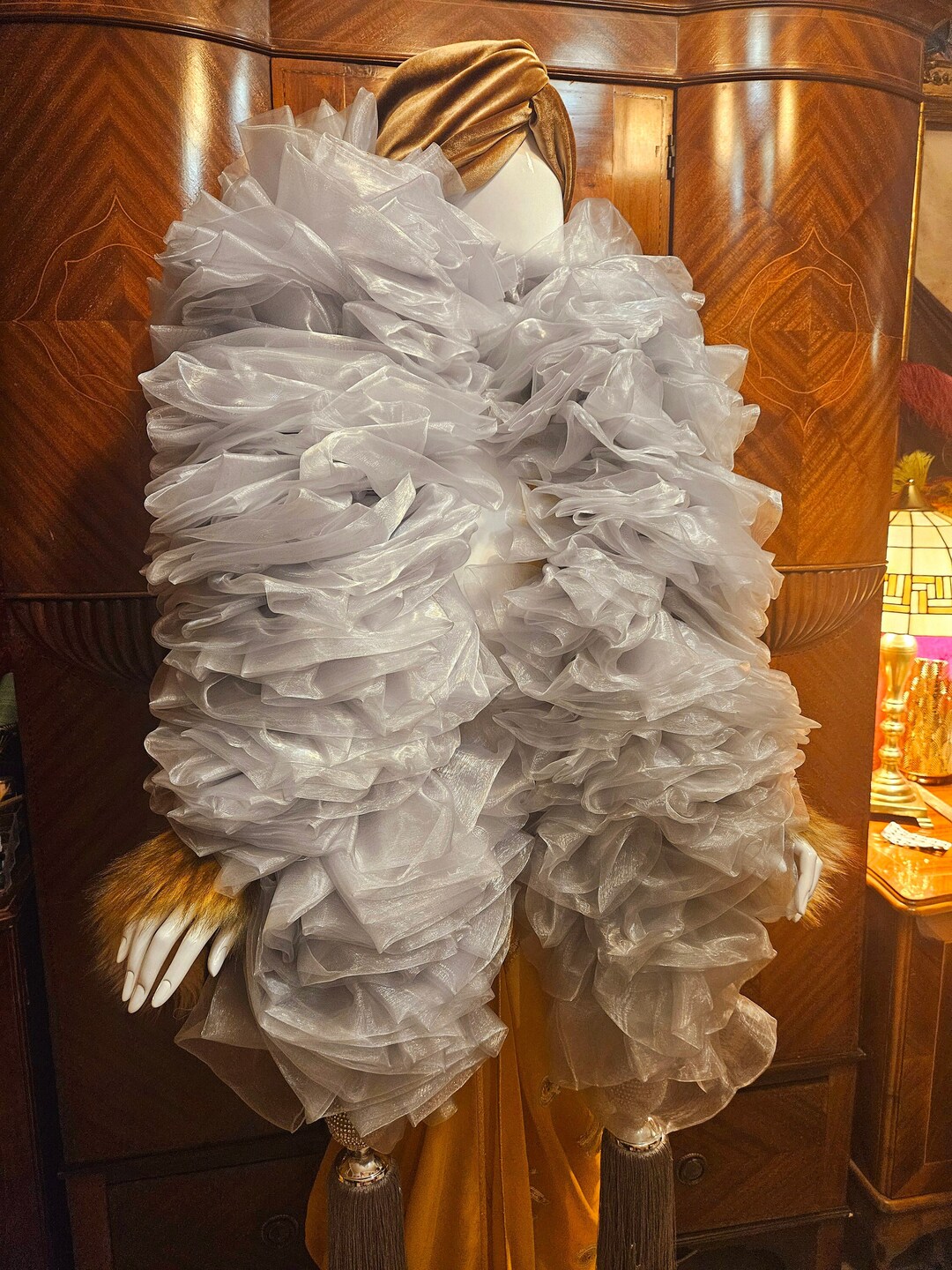 Silver Super Fluffy Organsa Long Boa With Rhinestones Tassels Vegan ...