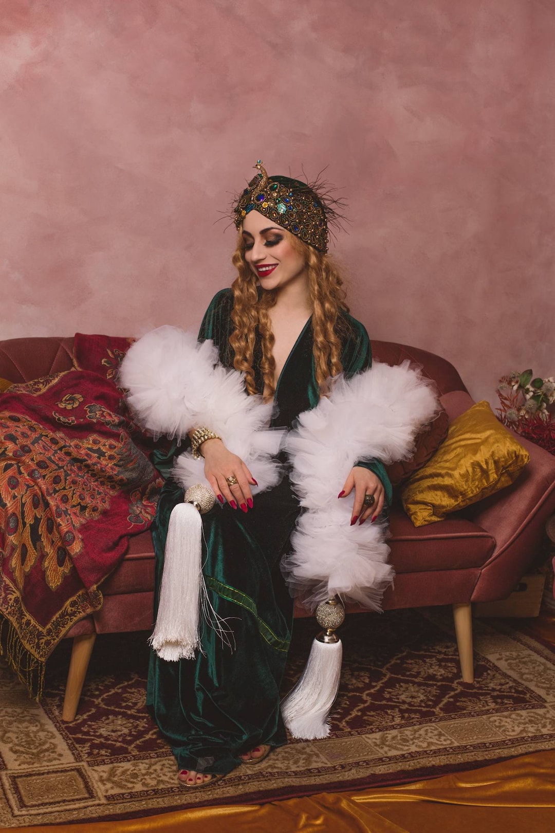 Extra Luxury White Tulle Long Boa With Rhinestones Tassels Vegan ...