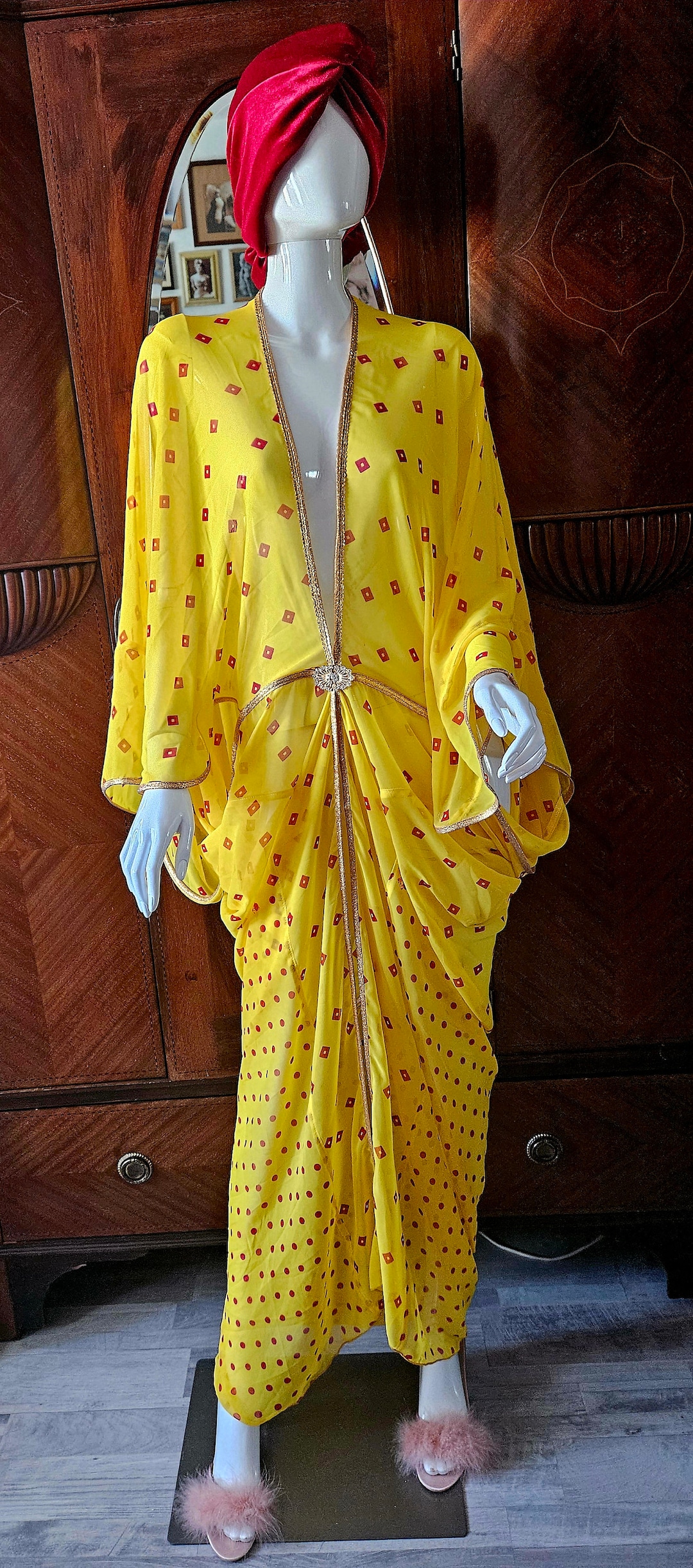 Art Deco Yellow With Red & Turban 1920 Vintage Style Autumn Gown Great ...