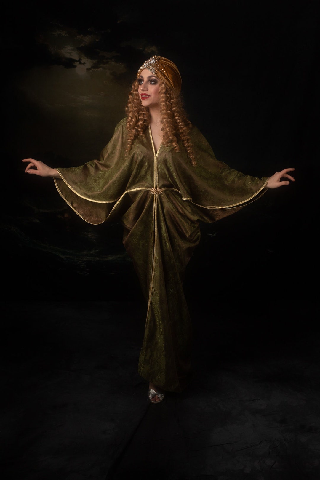 Satin Bohemian Green Color Art Nouveau Hollywood Style Gown Great ...