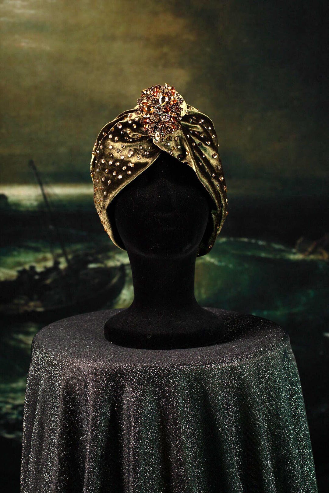 Turban Antique Green 1920s Velvet Khaki Turban Rhinestones Brooch ...