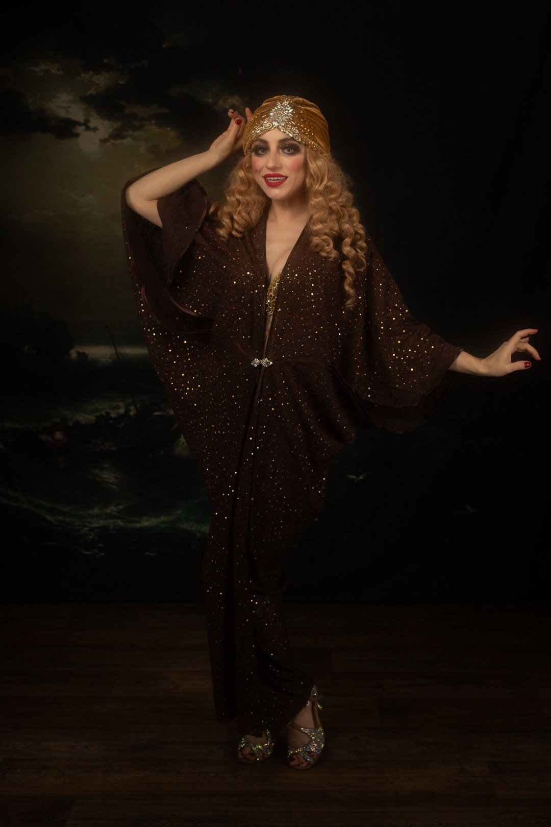 Sparkling Brown 1920s Art Deco Gown Hollywood Pink Dress Style Great ...