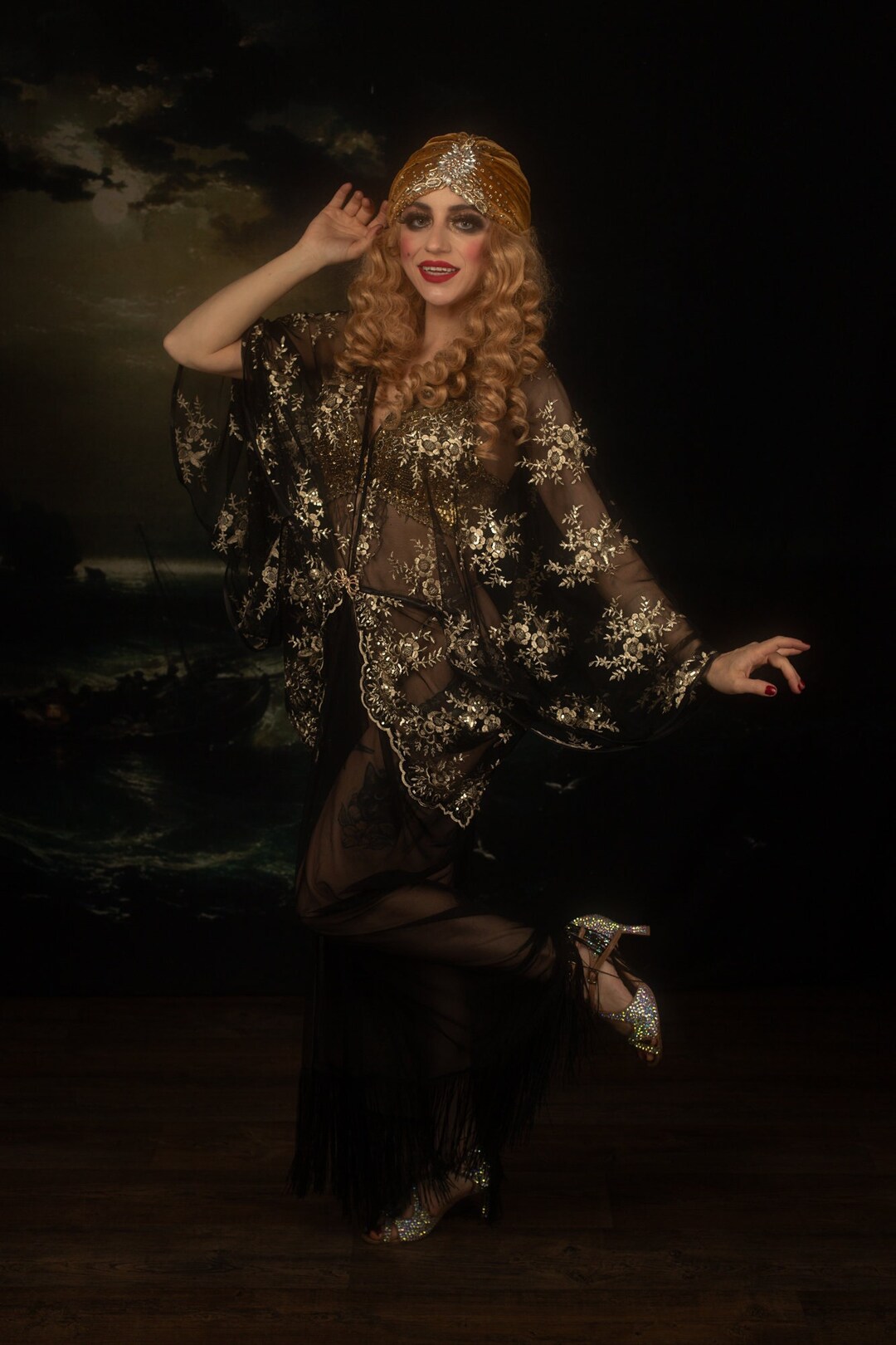 1920s Golden & Black Art Deco Oriental Gown Hollywood Style Great ...