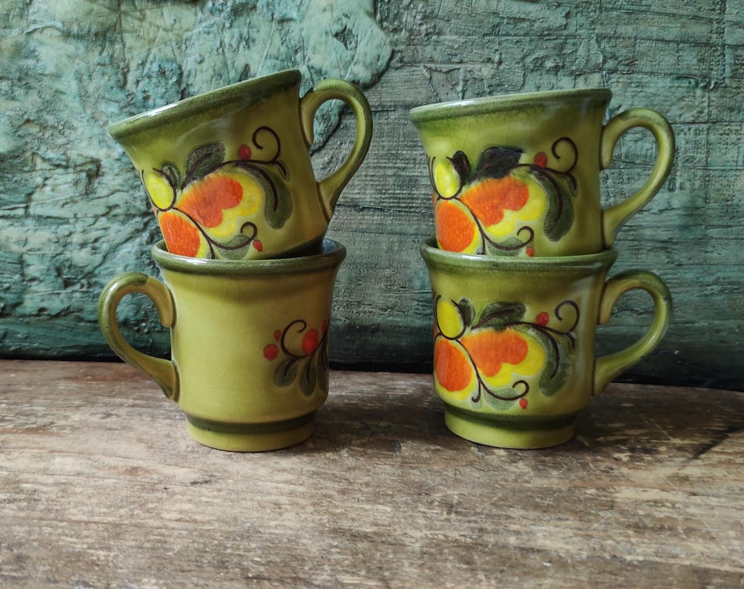 Schramberger Majolica Cups Hand-painted Floral Mug 1960s German Ceramic ...