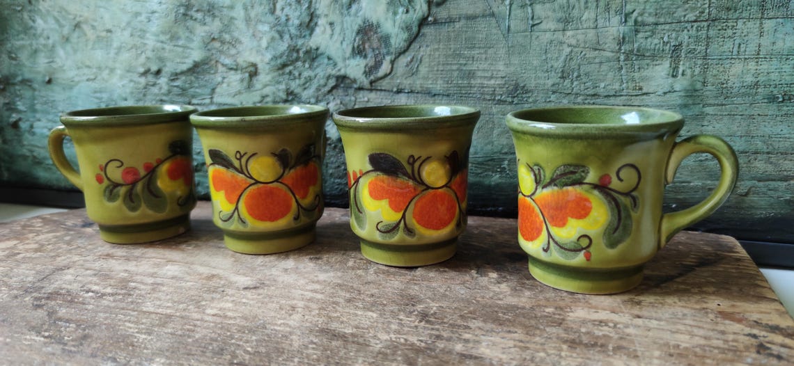 Schramberger Majolica Cups Hand-painted Floral Mug 1960s German Ceramic ...