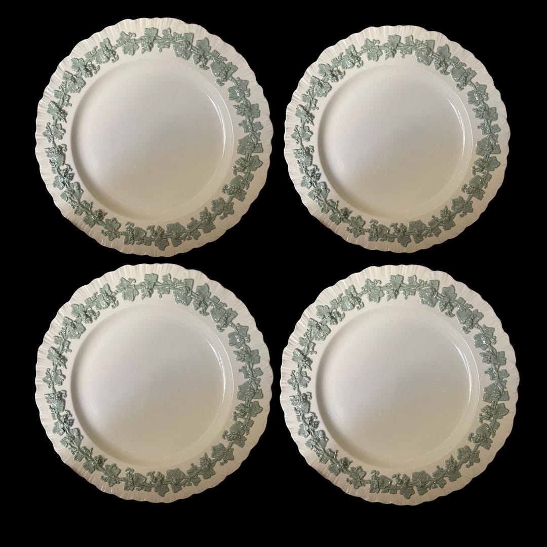 Wedgwood Queensware Embossed Celadon Green on Cream Dinner Plates Set ...