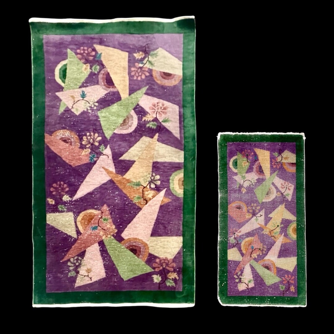 Antique Walter Nichols Chinese Art Deco Rugs Geometric Green Aubergine ...