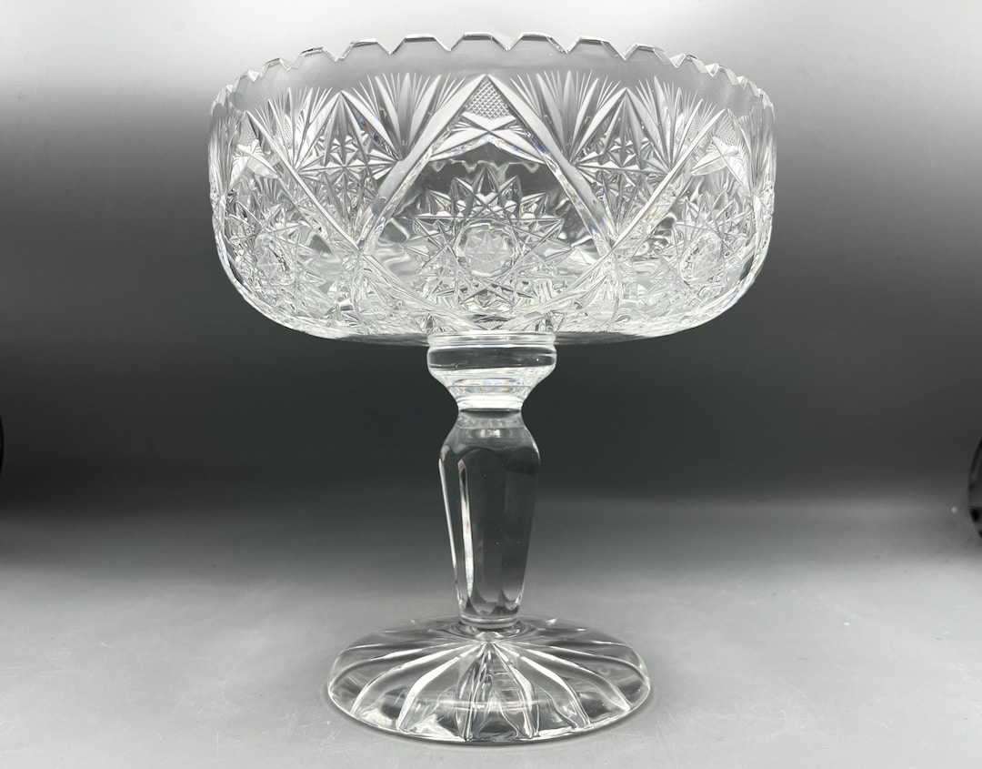 American Brilliant Cut Glass Compote 8” Square Sawtooth Fans Hobstar ...