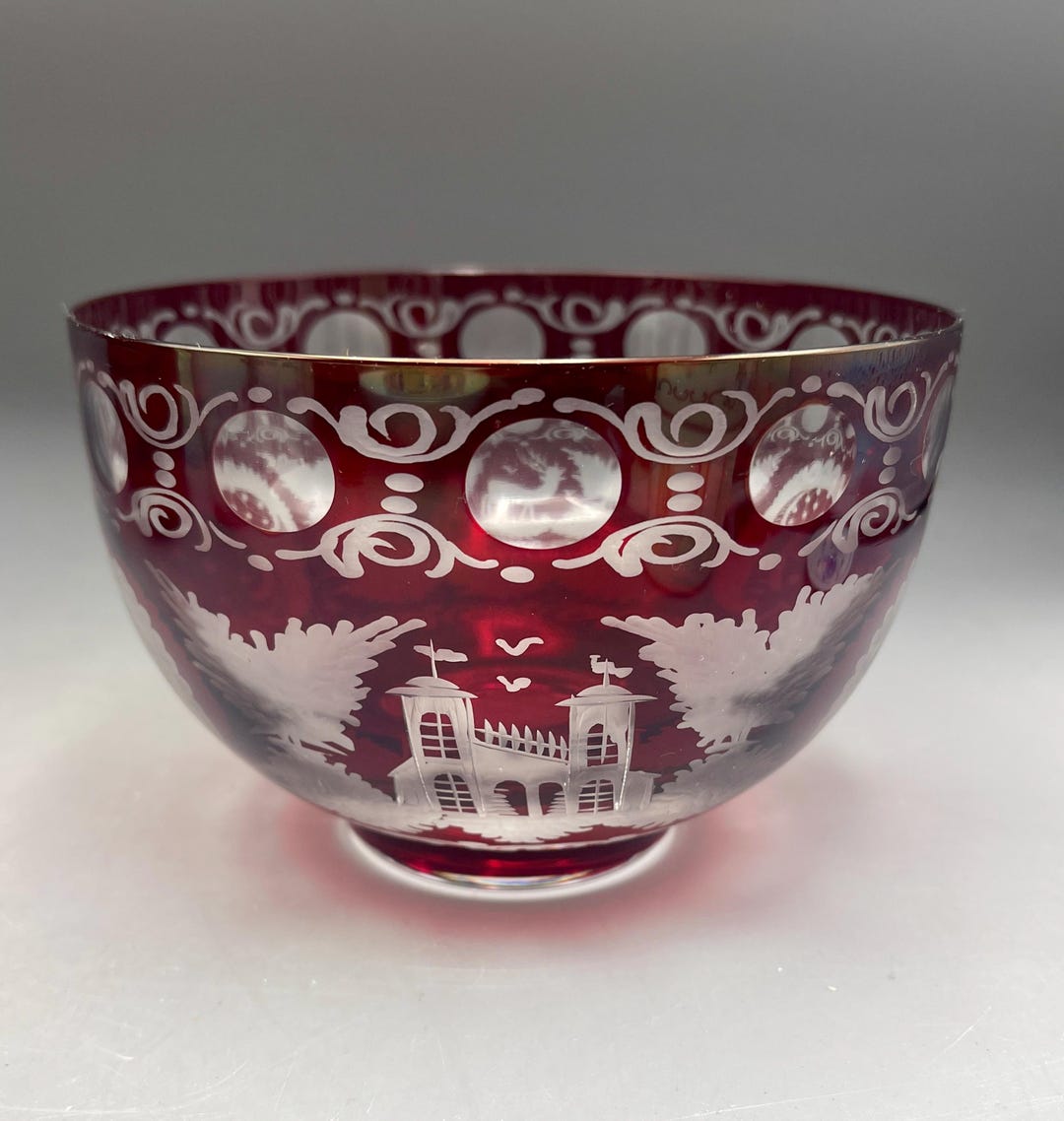Czech Bohemian Ruby Red Cut Crystal Bowl Cut to Clear Glass Castle Stag ...