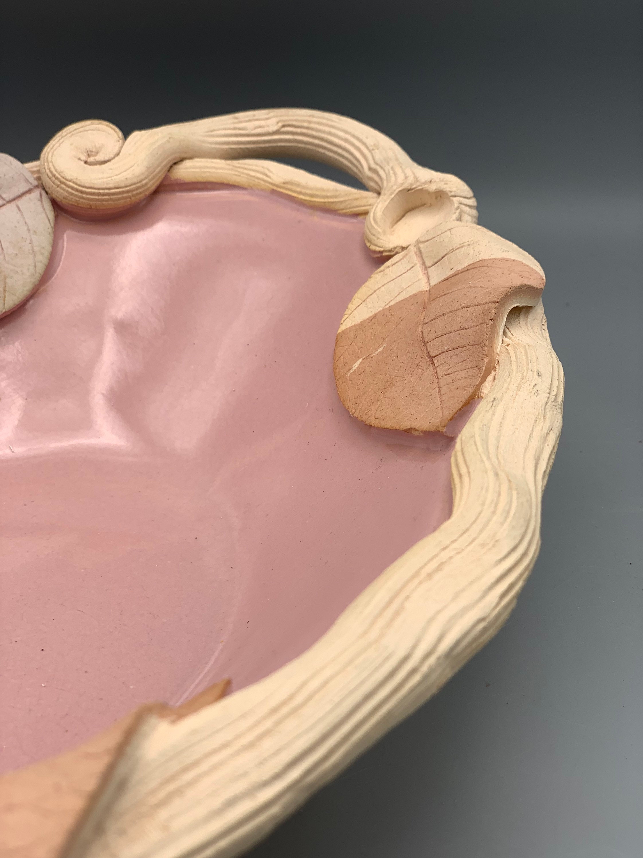 Studio Art Pottery Dish Applied Leaves Majolica Pink Interior - Etsy