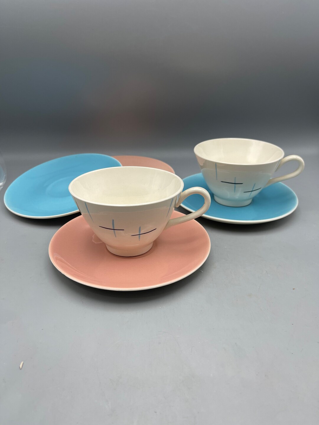 Vintage MCM Starburst Teacups Saucers Lot 6 Pcs Pink Blue - Etsy