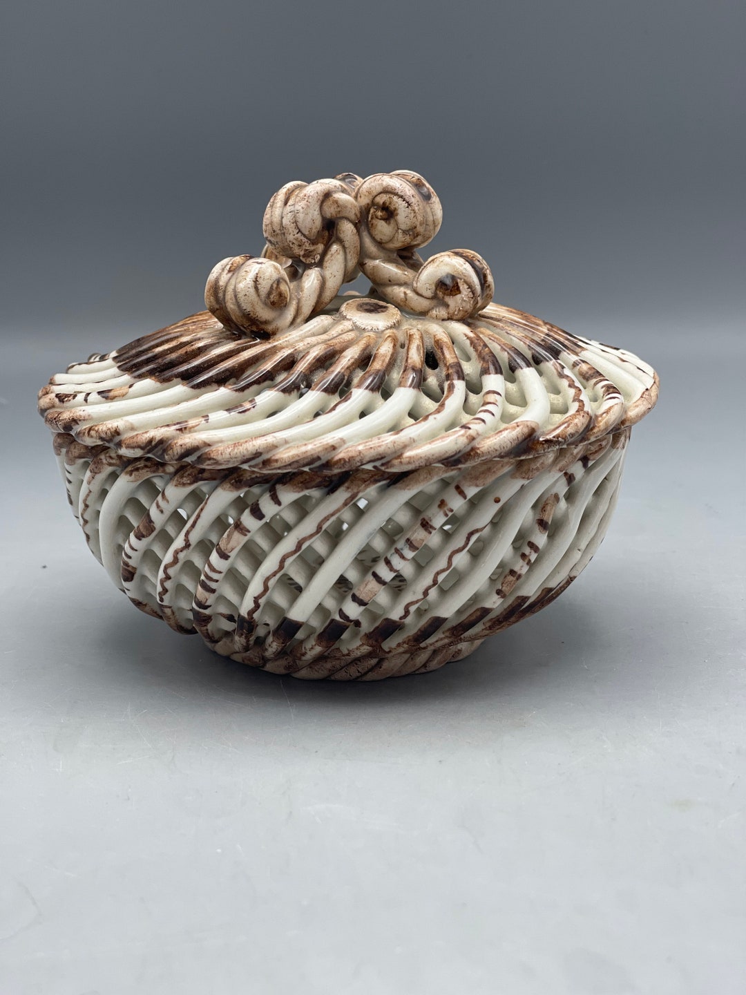 Vintage Faience Basketweave Porcelain Trinket Box With Lid Spain ...