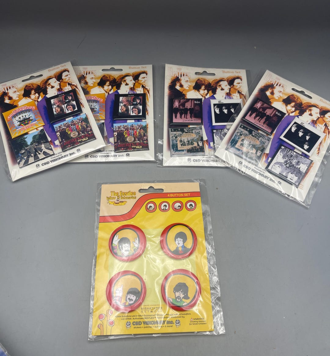 The Beatles 4 Button Pin Set Album Badge Covers and Yellow Submarine ...