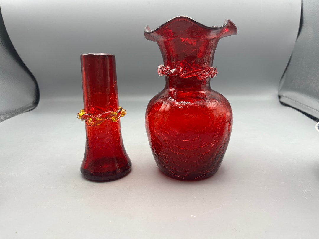 Vintage Handblown Red Crackle Glass Rigaree Lot Of 2 Vase And Jug Applied Ruffle Etsy
