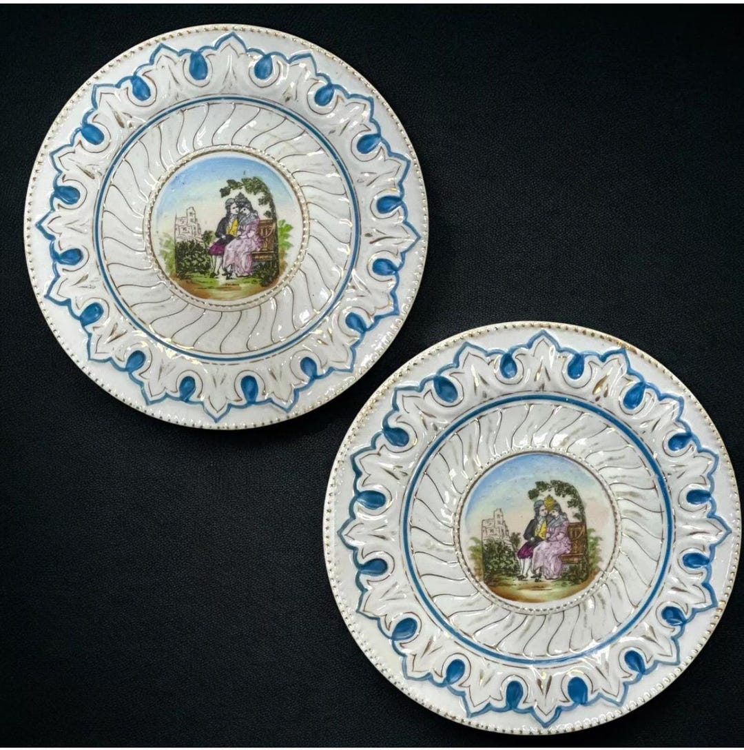 Antique Hand Colored Pearlware Plates Set of 2 Courting Couple - Etsy
