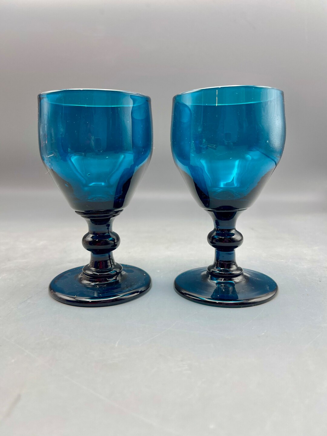 Antique English Hand Blown Flint Glass Wine Glasses Peacock Blue Early ...