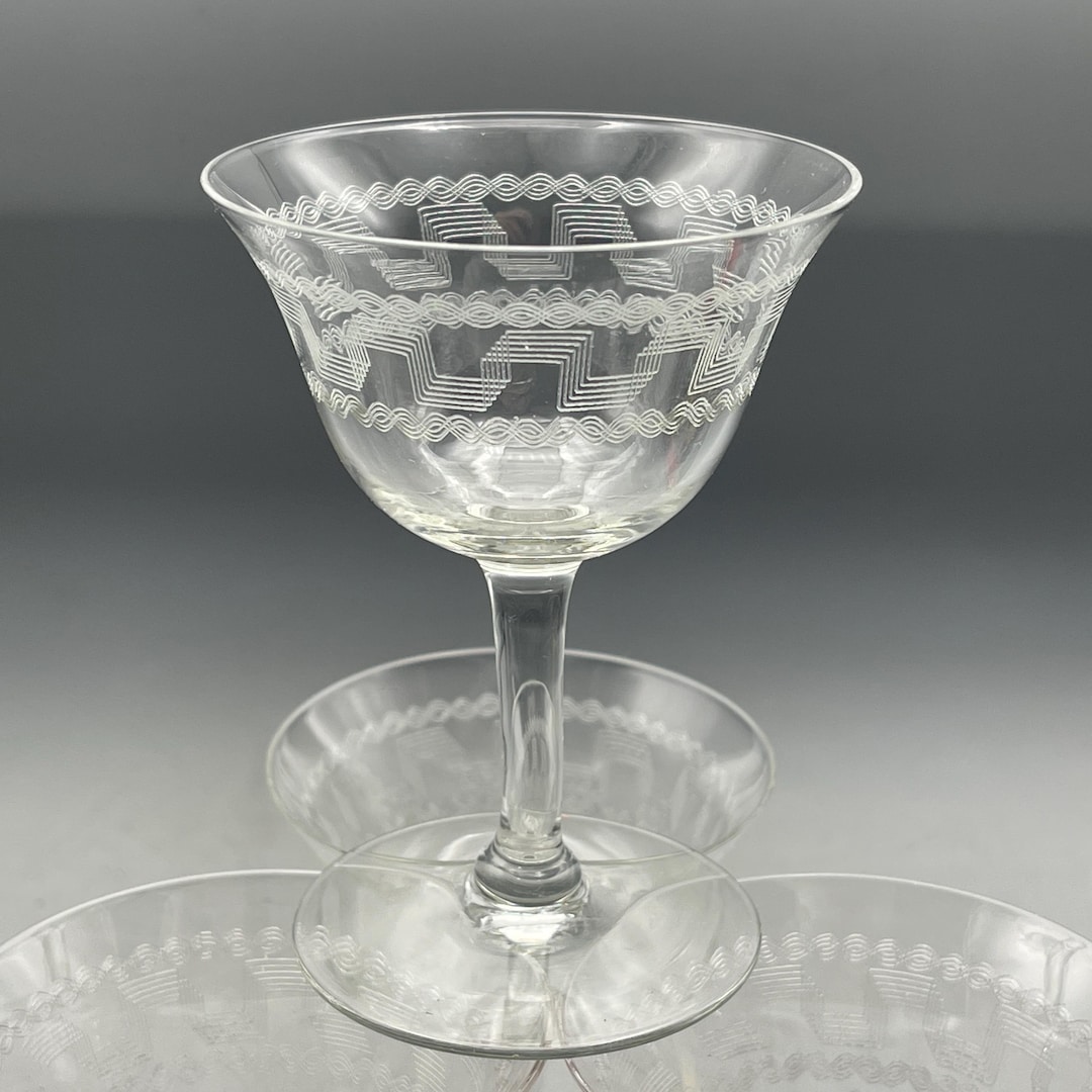 Vintage Greek Key Etched Liquor Cocktail Glasses Set of 4 Stemware ...