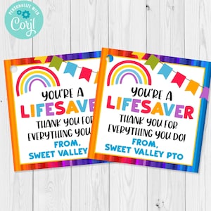 You're A Lifesaver Gift Tag Template, Teacher School Appreciation Tag ...