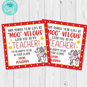 Moo-velous Teacher Back to School Cow Gift Tag Editable Template ...
