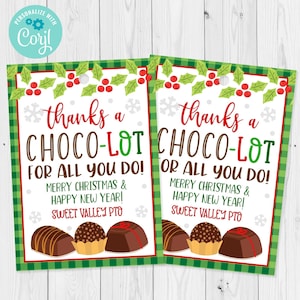 Thanks A Choco-lot for All You Do Christmas Gift Tag Template, Holiday ...