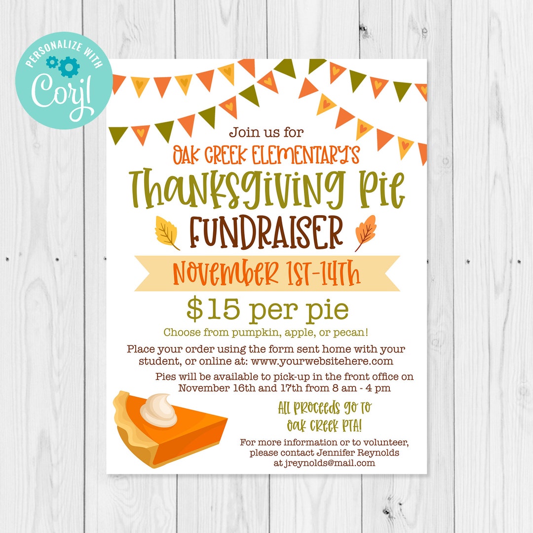 Thanksgiving Pie Fundraiser Editable Flyer Template, Fall School PTO ...