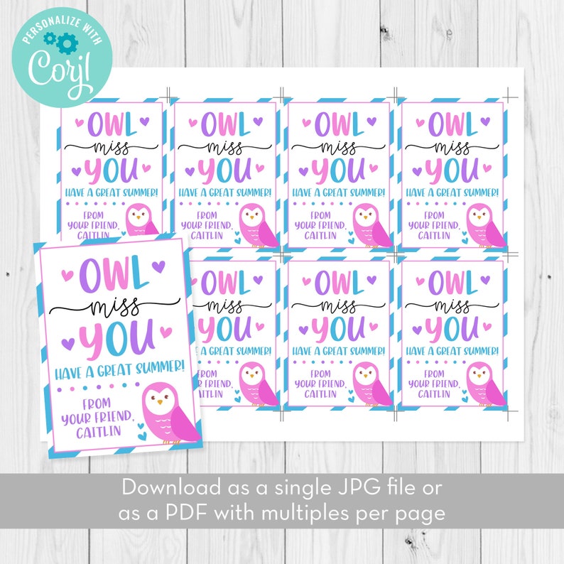 Editable Owl Miss You Summer Break Gift Tag Template Teacher | Etsy