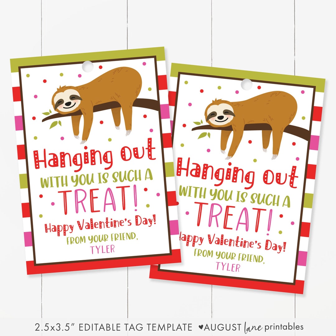 Sloth Valentine's Day Gift Tags Template, Editable Printable Valentine ...