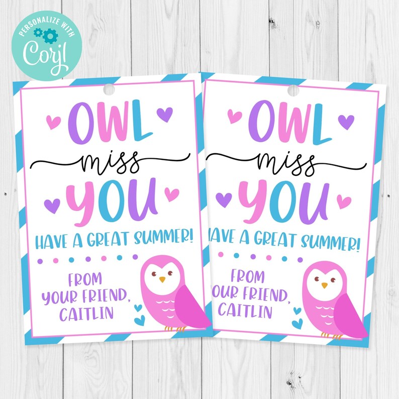 Editable Owl Miss You Summer Break Gift Tag Template Teacher | Etsy