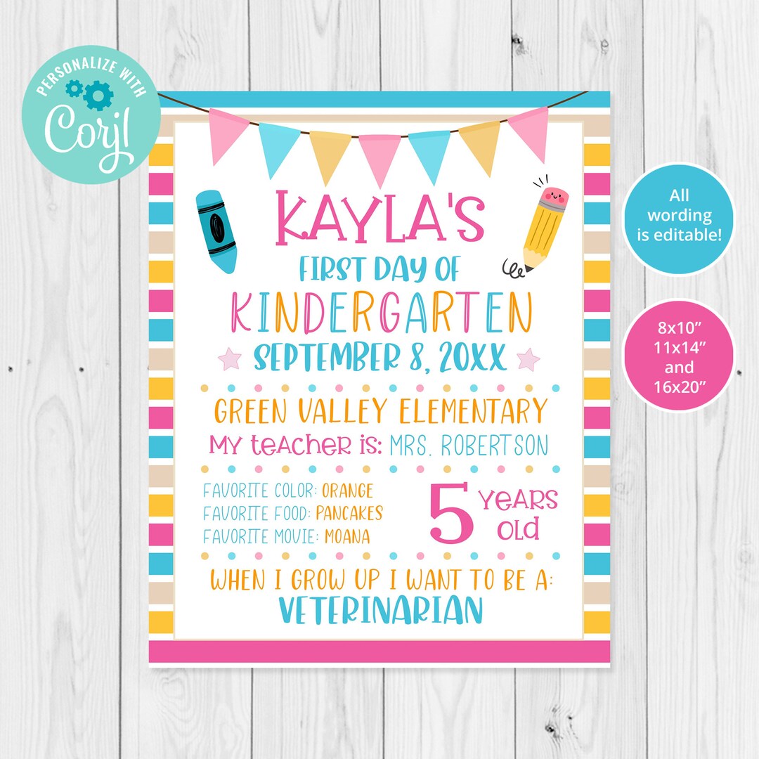 First Day of School Sign Editable Template, Back to School Kindergarten ...