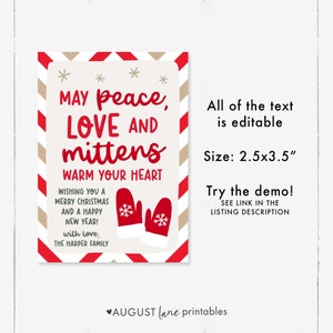Peace, Love, and Mittens Christmas Gift Tag Template, Cozy Mittens Gift ...
