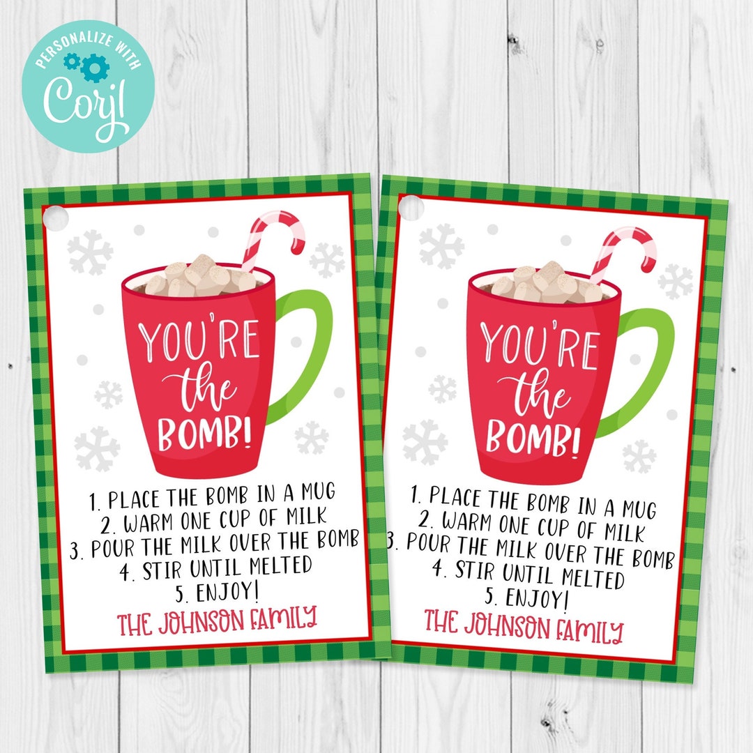 Hot Cocoa You're the Bomb Gift Tag Editable Template, Peppermint Hot ...
