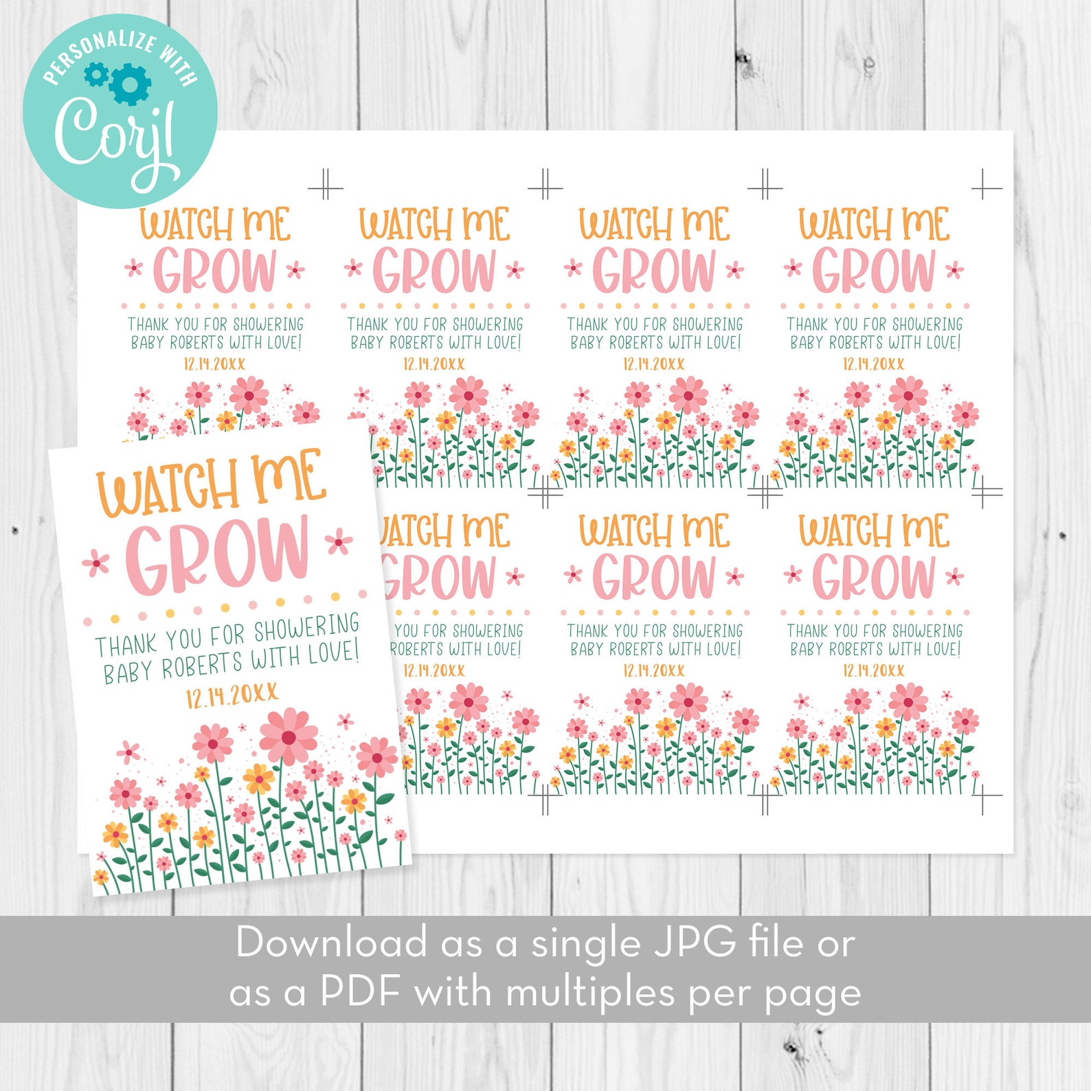 Editable Baby Shower Watch Me Grow Favor Tag Template, Flower, Plant ...