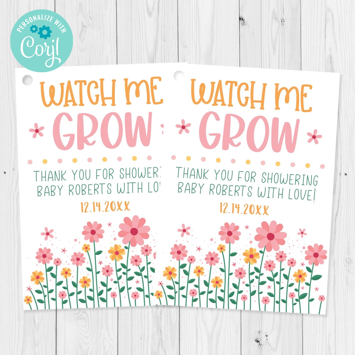 Editable Baby Shower Watch Me Grow Favor Tag Template, Flower, Plant ...