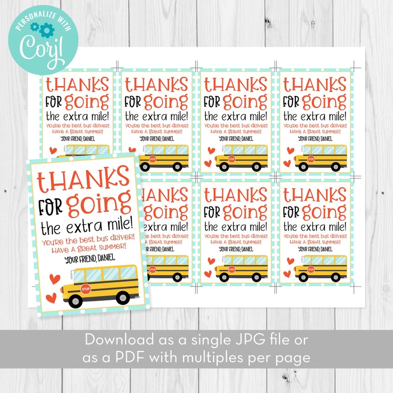 Bus Driver Thank You for Going the Extra Mile Gift Tag Template, School ...