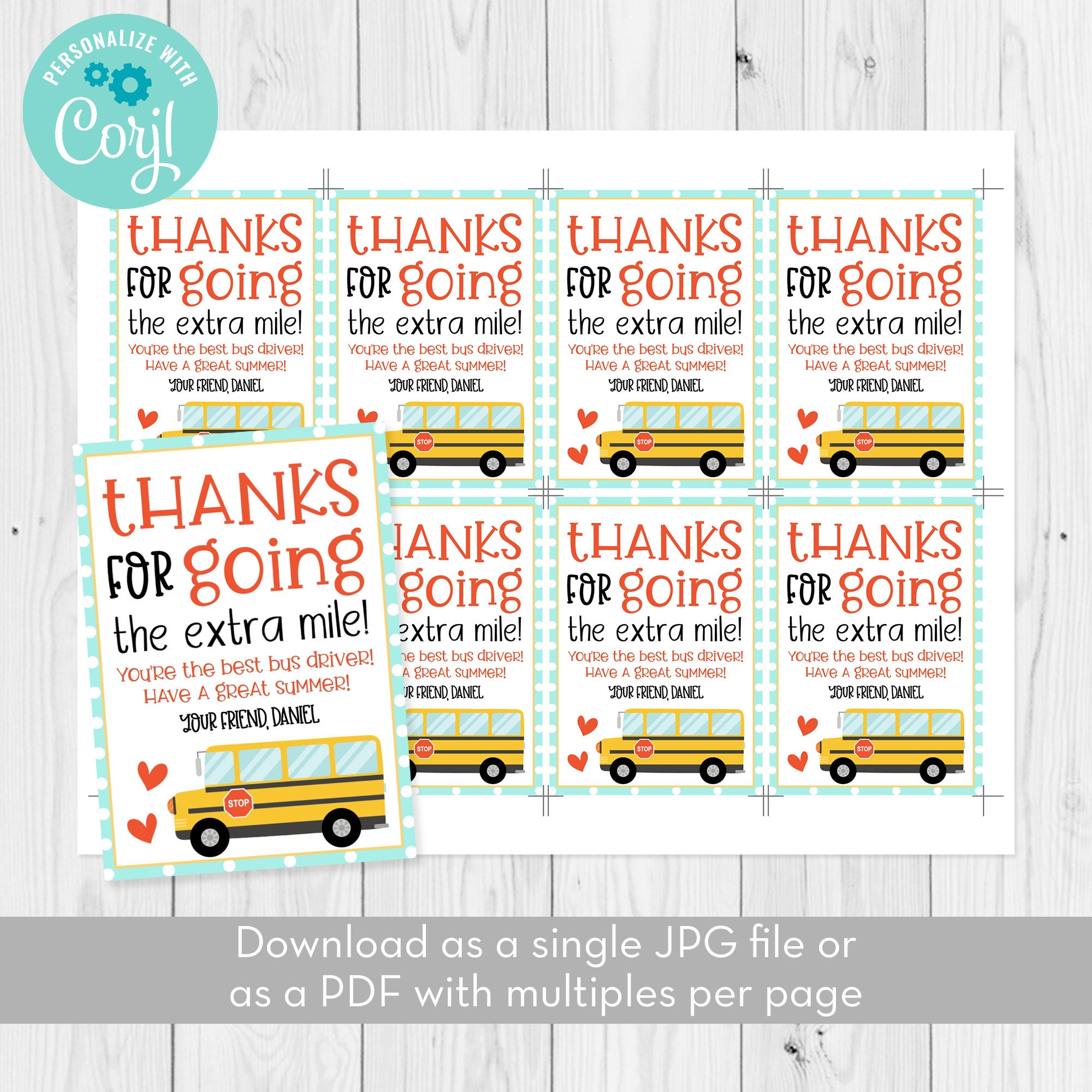 Bus Driver Thank You for Going the Extra Mile Gift Tag Template, School ...
