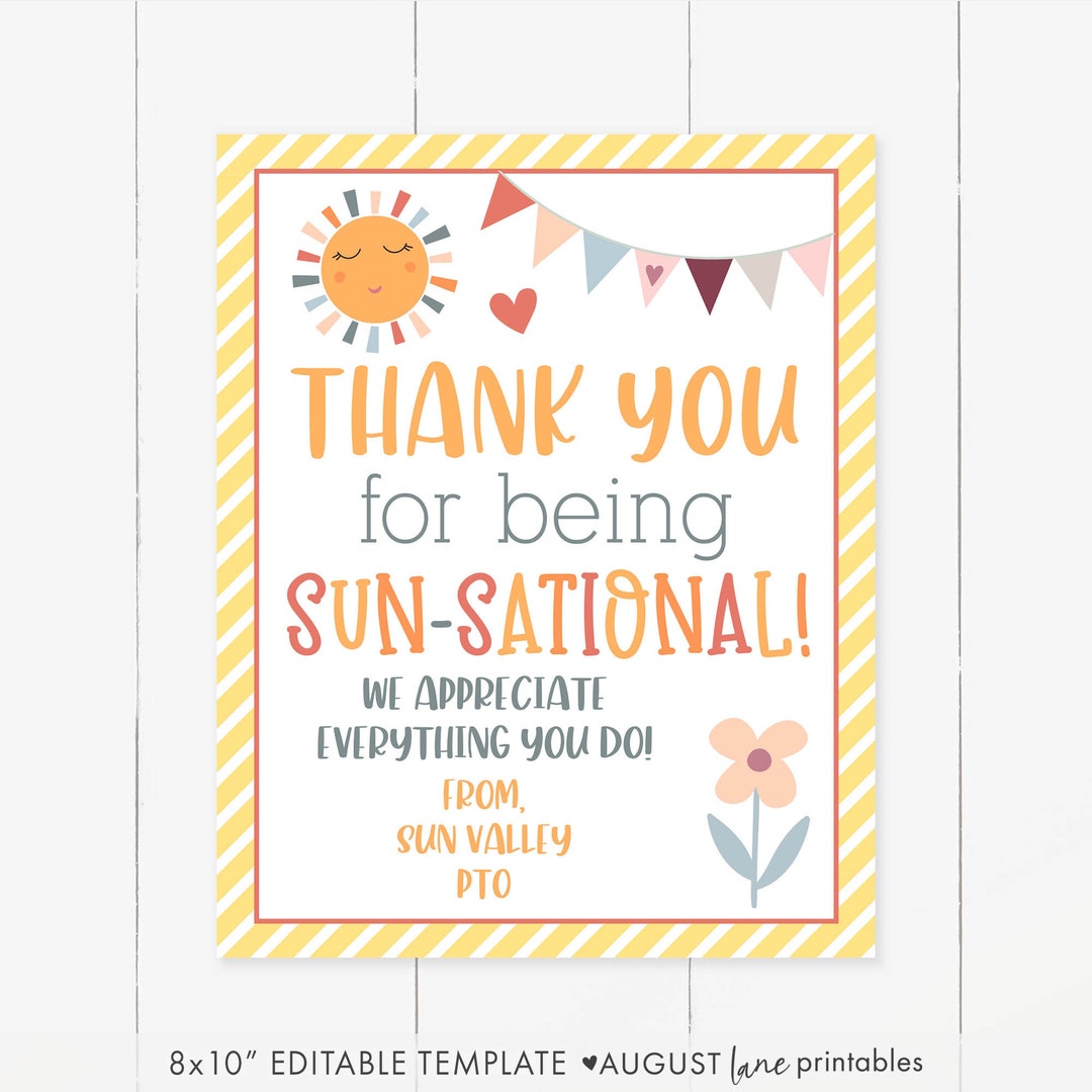 Sun-sational Teacher Appreciation Sign: 8x10 Editable Template (digital ...