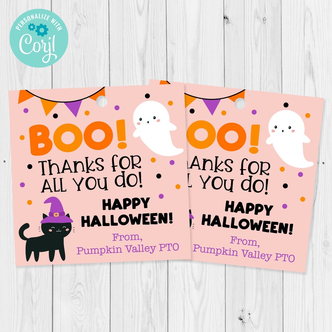 Halloween Ghost and Black Cat Gift Tag Editable Template, Teacher PTO ...