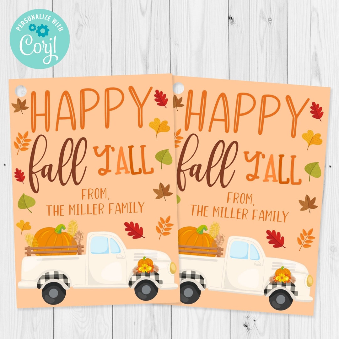Happy Fall Y'all Gift Tag Template, Thanksgiving Pumpkin Truck Gift Tag ...
