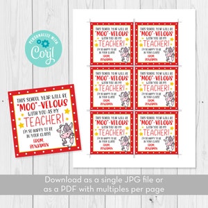 Moo-velous Teacher Back to School Cow Gift Tag Editable Template ...