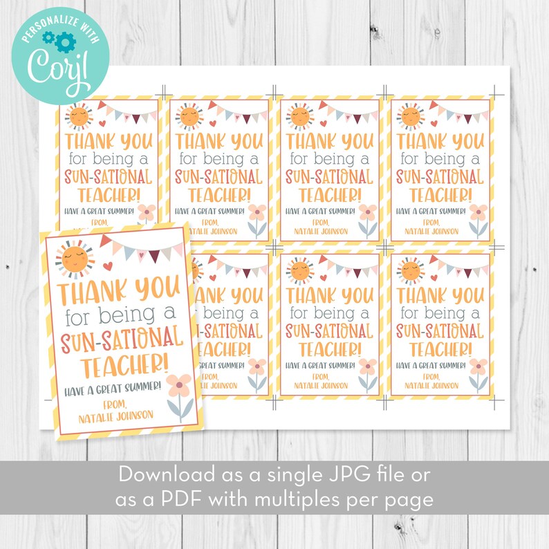 Thank You for Being A Sun-sational Teacher Gift Tag Template, Teacher ...