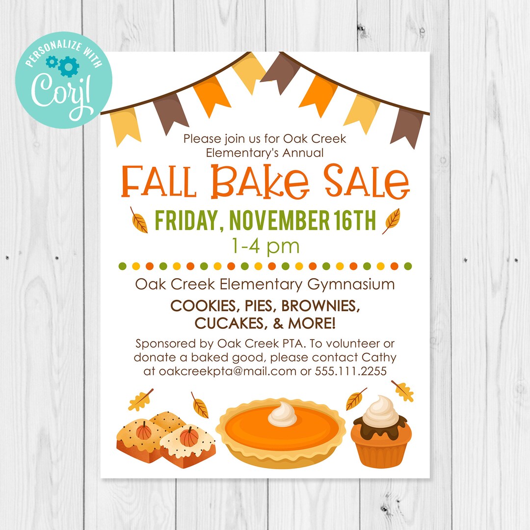 Fall Bake Sale Editable Flyer Template, Thanksgiving School PTO PTA ...