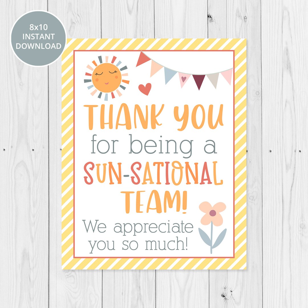 Sun Staff Appreciation 8x10 Printable Sign, Thank You for Being A Sun ...