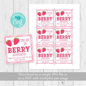 Editable Berry Appreciated Gift Tag Template, Teacher Appreciation, PTO ...